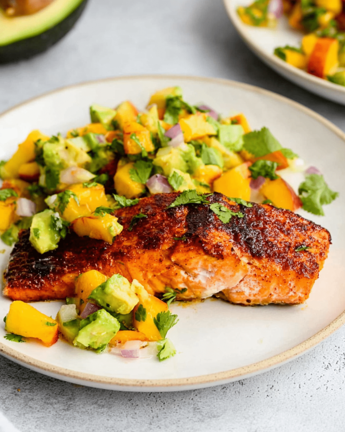 Firecracker Salmon with Peach Avocado Salsa: Sweet and Spicy Perfection